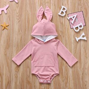 Newborn Baby Boys Girls Bunny Hooded One Piece Romper Easter Rabbit Ears Long Sleeves Jumpsuit with Pocket (Pink, 6-12m)