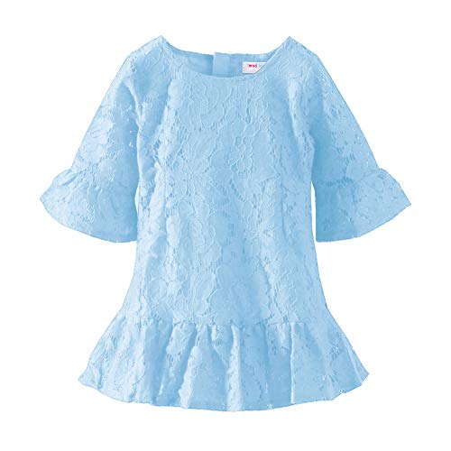 LittleSpring Girls Dresses for Baby Elegent Lace Floral Flare Sleeve Blue Party Wedding Dress for Kids 18 Months