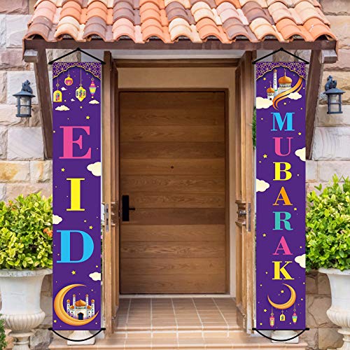 Eid Mubarak Decorations Eid Porch Sign Ramadan Mubarak Banner Backdrop for Eid Party Supplies