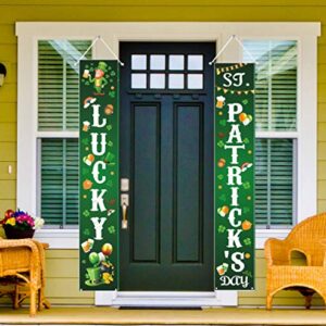 TTYY St Patric's Day Porch Sign Lucky St Patrick's Day Door Banner Green Shamrocks Indoor Outdoor Hanging Decorations Party Favors