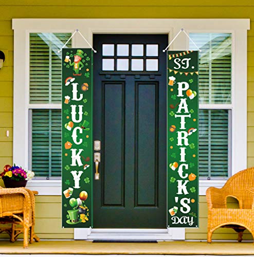 TTYY St Patric's Day Porch Sign Lucky St Patrick's Day Door Banner Green Shamrocks Indoor Outdoor Hanging Decorations Party Favors