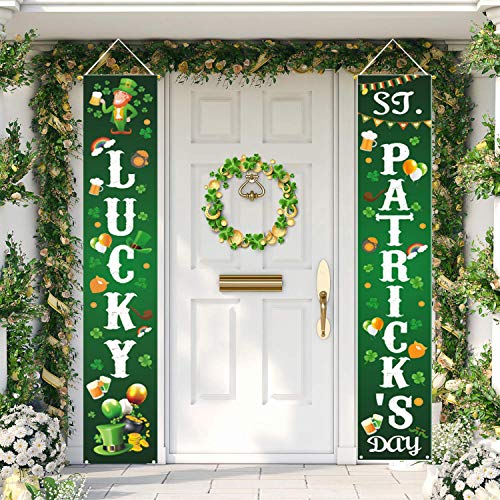 TTYY St Patric's Day Porch Sign Lucky St Patrick's Day Door Banner Green Shamrocks Indoor Outdoor Hanging Decorations Party Favors