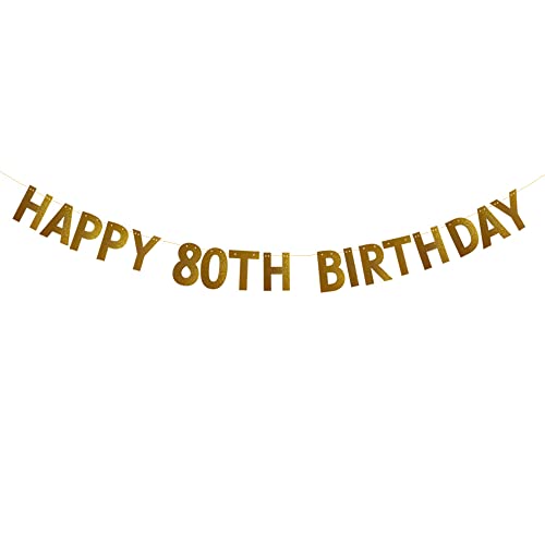 HAPPY 80TH BIRTHDAY Banner for 80th Birthday Party Decorations Pre-strung No Assembly Required Gold Glitter Paper Garlands Banner Letters Gold Betteryanzi