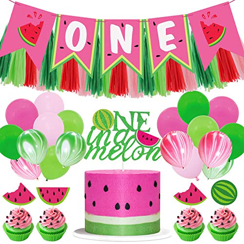 Watermelon Birthday Party Decorations One in A Melon Cake Topper Watermelon Cupcake Topper Melon Balloon 1st Bday High Chair Banner for Summer Fruit Themed First Birthday Party Supplies Glitter Decor