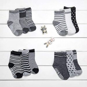 12-Pack Cotton Socks for Toddler Boys Girls Anti-Slip Ankle Socks for Baby Walkers Non-Skip Stretch Knit Stripes Star Assorted Cotton Socks with Grip for 16-36 Months