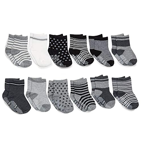 12-Pack Cotton Socks for Toddler Boys Girls Anti-Slip Ankle Socks for Baby Walkers Non-Skip Stretch Knit Stripes Star Assorted Cotton Socks with Grip for 16-36 Months