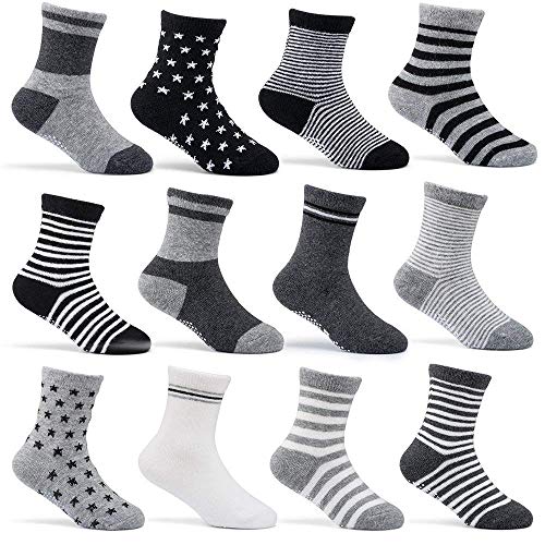 12-Pack Cotton Socks for Toddler Boys Girls Anti-Slip Ankle Socks for Baby Walkers Non-Skip Stretch Knit Stripes Star Assorted Cotton Socks with Grip for 16-36 Months