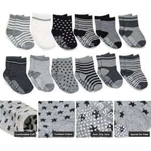 12-Pack Cotton Socks for Toddler Boys Girls Anti-Slip Ankle Socks for Baby Walkers Non-Skip Stretch Knit Stripes Star Assorted Cotton Socks with Grip for 16-36 Months