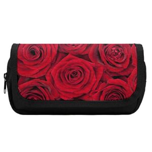 beautiful red roses pencil case with two large compartments pocket big capacity storage pouch pencil bag for school teen adult