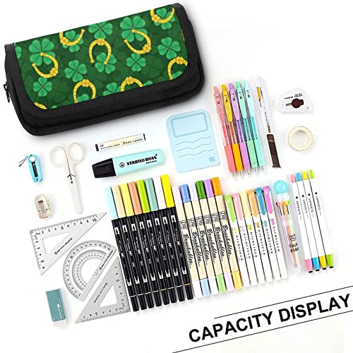 Clover and Horseshoe Pencil Case with Two Large Compartments Pocket Big Capacity Storage Pouch Pencil Bag for School Teen Adult