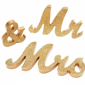 SCHOLMART Mr & Mrs Signs Wedding Wooden Champagne Gold, Table Decorations Wooden, Freestanding Letters for Photo Props, Rustic Wedding Decoration, Anniversary Wedding Shower Gift (Champagne Gold)