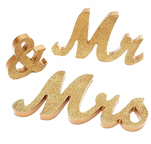 SCHOLMART Mr & Mrs Signs Wedding Wooden Champagne Gold, Table Decorations Wooden, Freestanding Letters for Photo Props, Rustic Wedding Decoration, Anniversary Wedding Shower Gift (Champagne Gold)