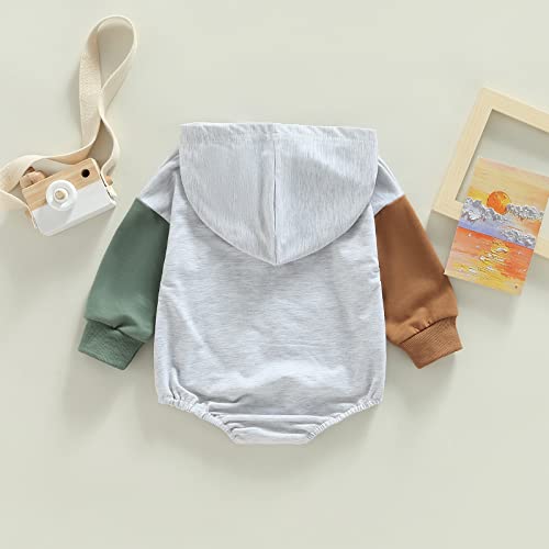 Newborn Infant Unisex Baby Boy Girl Clothes Hooded Oversized Sweatshirt Romper Long Sleeve Hoodie Tops Fall Winter Outfit ( Color Block Light Grey, 3-6 Months )