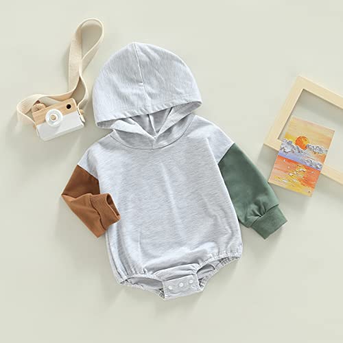 Newborn Infant Unisex Baby Boy Girl Clothes Hooded Oversized Sweatshirt Romper Long Sleeve Hoodie Tops Fall Winter Outfit ( Color Block Light Grey, 3-6 Months )