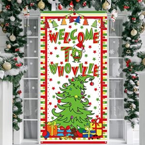 whoville christmas door cover for christmas party decorations, wellcome to whoville christmas sign backdrop xmas door hanging banner for christmas eve holiday party supplies