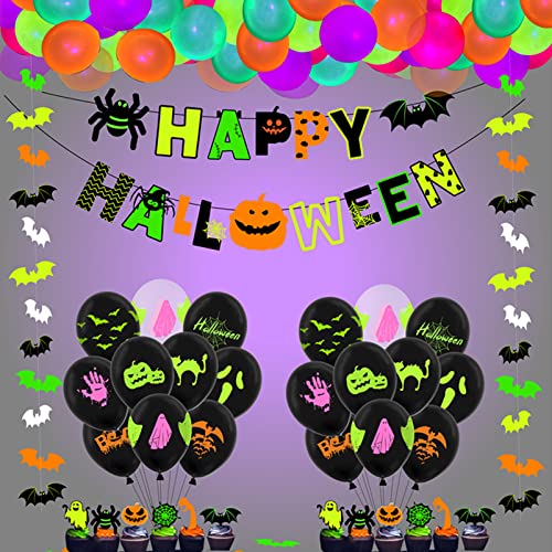 Glittery Neon Glow Bat Garland Banner Halloween Garland Sign Decoration for Haunted Halloween Supplies Mantle Home Decor