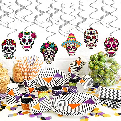 Foil Hanging Swirls Day of the dead Sugar Skull Set Birthday Party Favors Supplies Decorations Ceiling Decor Dia de los Muertos Halloween