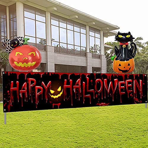 Happy Halloween Banner with Balloon Halloween Scary Bloody Yard Sign Banner for Outdoor Indoor Halloween Party Decorations Supplies Black and Red Theme Party