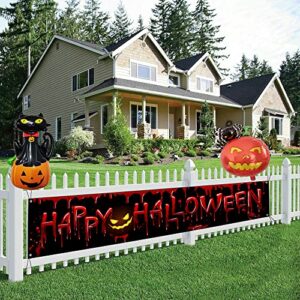 Happy Halloween Banner with Balloon Halloween Scary Bloody Yard Sign Banner for Outdoor Indoor Halloween Party Decorations Supplies Black and Red Theme Party