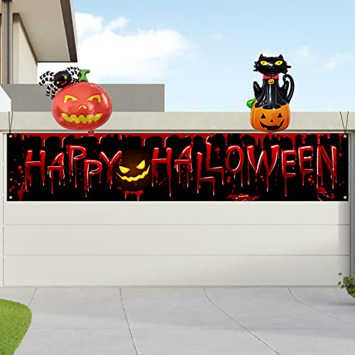 Happy Halloween Banner with Balloon Halloween Scary Bloody Yard Sign Banner for Outdoor Indoor Halloween Party Decorations Supplies Black and Red Theme Party