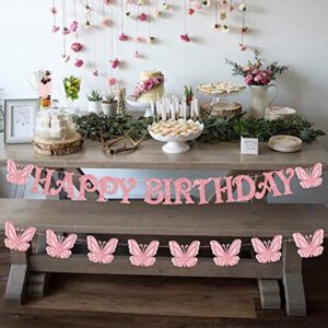 Butterfly Birthday Banner for Girls Butterfly Happy Birthday Decorations - Pink Butterfly Banner Garland Fairy Garden Floral Party Supplies for Women