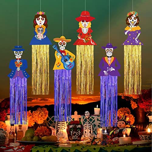 6 Pcs Day of the Dead Sugar Skull Hanging Decorations Dia de Los Muertos Decor Banner for Halloween Mexican Party Decorations Home Indoor Outdoor Supplies 3 Ft