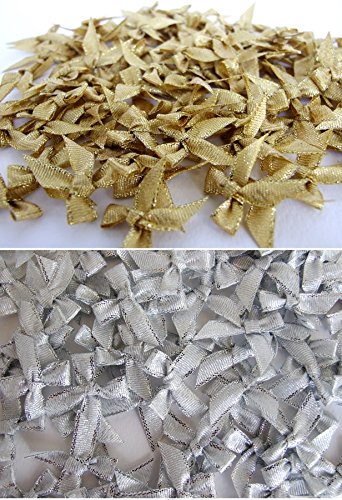 100 Assorted Smallest Gold & Silver Ribbon Bows Size 20 mm. Tiny Embellishment Craft Artificial Applique Wedding