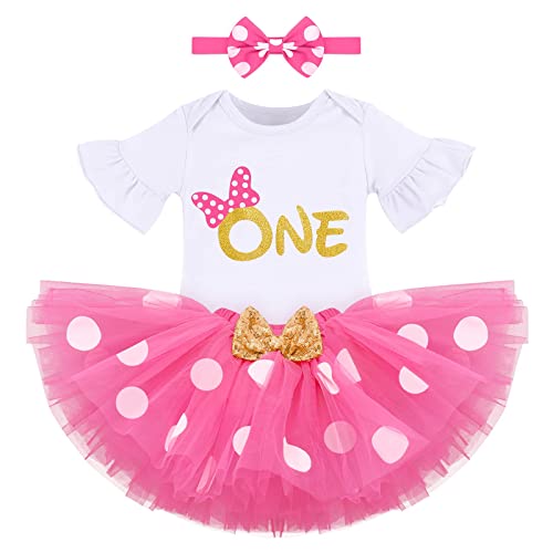 IBTOM CASTLE Newborn Toddler 1st/2nd/3rd Half Birthday Princess Mini Sequin Cake Smash Baptism Tutu Party Polka Dots Dress Bowknot Summer Playwear Sundress Homewear Sumsuit Dance Gown Hot Pink-ONE 1T