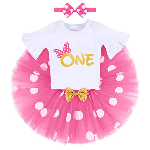 IBTOM CASTLE Newborn Toddler 1st/2nd/3rd Half Birthday Princess Mini Sequin Cake Smash Baptism Tutu Party Polka Dots Dress Bowknot Summer Playwear Sundress Homewear Sumsuit Dance Gown Hot Pink-ONE 1T