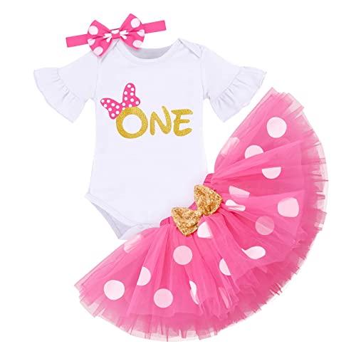 IBTOM CASTLE Newborn Toddler 1st/2nd/3rd Half Birthday Princess Mini Sequin Cake Smash Baptism Tutu Party Polka Dots Dress Bowknot Summer Playwear Sundress Homewear Sumsuit Dance Gown Hot Pink-ONE 1T