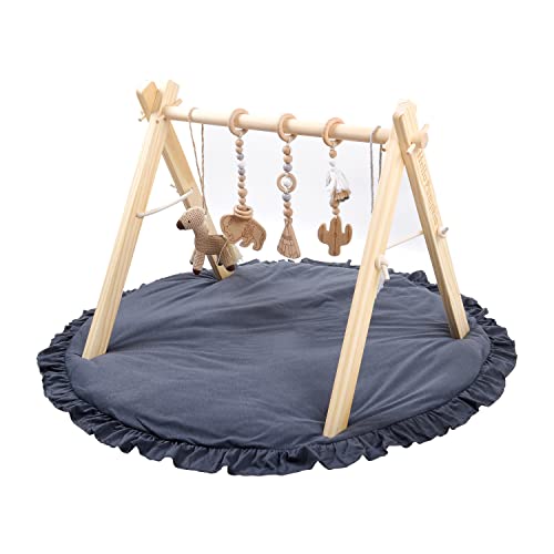 Wooden Baby Play Gym with Black Mat,Foldable & Handmade Wooden Play Gym Frame Activity with 5 Hanging Toys Untreated Beechwood & Cotton Montessori Baby Toys,Play & Learn Infant Activity Mat