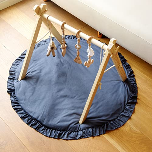 Wooden Baby Play Gym with Black Mat,Foldable & Handmade Wooden Play Gym Frame Activity with 5 Hanging Toys Untreated Beechwood & Cotton Montessori Baby Toys,Play & Learn Infant Activity Mat