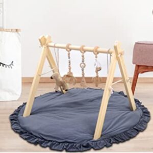 Wooden Baby Play Gym with Black Mat,Foldable & Handmade Wooden Play Gym Frame Activity with 5 Hanging Toys Untreated Beechwood & Cotton Montessori Baby Toys,Play & Learn Infant Activity Mat