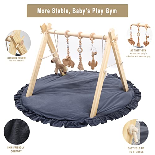 Wooden Baby Play Gym with Black Mat,Foldable & Handmade Wooden Play Gym Frame Activity with 5 Hanging Toys Untreated Beechwood & Cotton Montessori Baby Toys,Play & Learn Infant Activity Mat