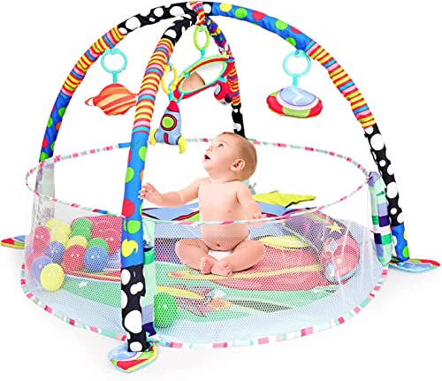 Siairo Jumbo Baby Activity Gym Folding Baby Play Gym Play Mat with Ball Pit & Hanging Mobiles, Surrounding Mesh for Newborn, Infant, Babies, Toddlers