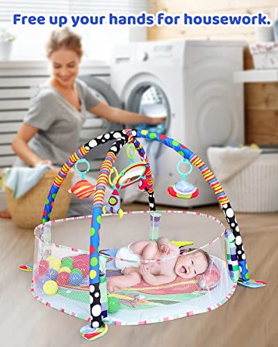 Siairo Jumbo Baby Activity Gym Folding Baby Play Gym Play Mat with Ball Pit & Hanging Mobiles, Surrounding Mesh for Newborn, Infant, Babies, Toddlers