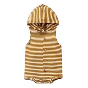 Newborn Baby Boy Girl Unisex Romper Infant Toddler One Piece Hooded Striped Bodysuits Sleeveless Buttons Clothes (A~Brown , 3-6 Months )