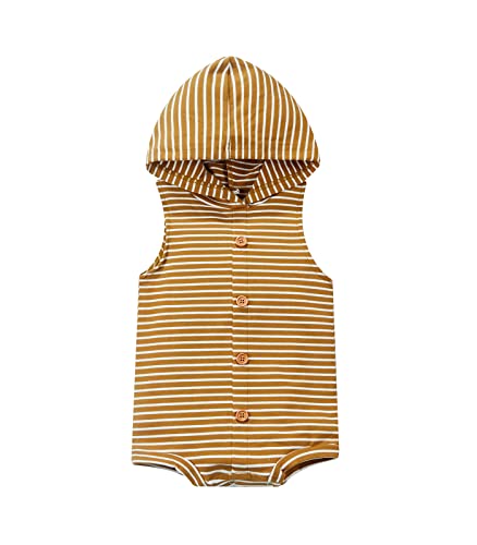 Newborn Baby Boy Girl Unisex Romper Infant Toddler One Piece Hooded Striped Bodysuits Sleeveless Buttons Clothes (A~Brown , 3-6 Months )