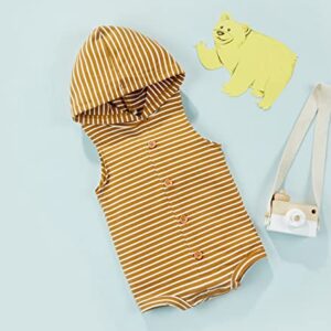 Newborn Baby Boy Girl Unisex Romper Infant Toddler One Piece Hooded Striped Bodysuits Sleeveless Buttons Clothes (A~Brown , 3-6 Months )