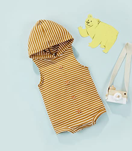 Newborn Baby Boy Girl Unisex Romper Infant Toddler One Piece Hooded Striped Bodysuits Sleeveless Buttons Clothes (A~Brown , 3-6 Months )