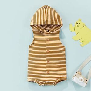 Newborn Baby Boy Girl Unisex Romper Infant Toddler One Piece Hooded Striped Bodysuits Sleeveless Buttons Clothes (A~Brown , 3-6 Months )