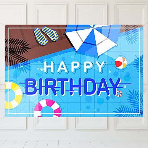 Swimming Pool Backdrop Banner Decor Blue – Happy Birthday Party Theme Decorations for Girls Boys Supplies