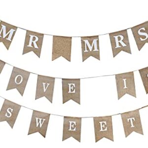 Love is Sweet Sign Banner – Mr and Mrs Burlap Banner Sign Rustic Decoration for Wedding Party Table Photobooth Props Home Wall by Mandala Crafts