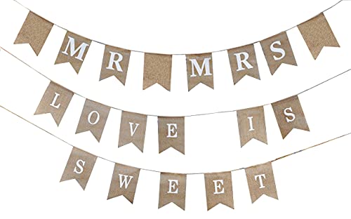 Love is Sweet Sign Banner – Mr and Mrs Burlap Banner Sign Rustic Decoration for Wedding Party Table Photobooth Props Home Wall by Mandala Crafts