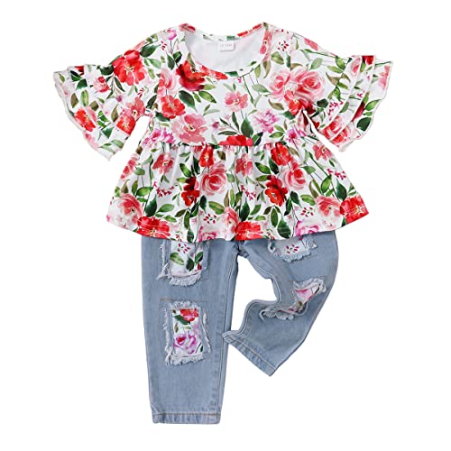 Hearyoo Baby Girl Clothes Infant Toddler Denim Ruffle Sleeve Floral Shirts Tops Ripped Jeans Pants Sets Summer Girl Outfits Red Flower 18-24 Months