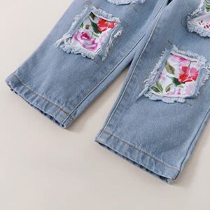 Hearyoo Baby Girl Clothes Infant Toddler Denim Ruffle Sleeve Floral Shirts Tops Ripped Jeans Pants Sets Summer Girl Outfits Red Flower 18-24 Months