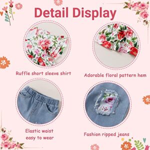 Hearyoo Baby Girl Clothes Infant Toddler Denim Ruffle Sleeve Floral Shirts Tops Ripped Jeans Pants Sets Summer Girl Outfits Red Flower 18-24 Months