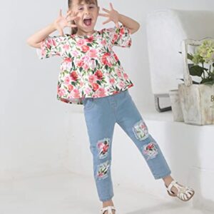 Hearyoo Baby Girl Clothes Infant Toddler Denim Ruffle Sleeve Floral Shirts Tops Ripped Jeans Pants Sets Summer Girl Outfits Red Flower 18-24 Months