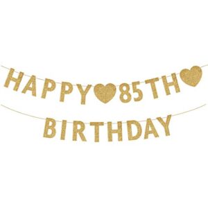 gold happy 85th birthday banner, glitter 85 years old woman or man party decorations, supplies