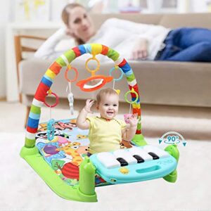 Baby Play Mat Activity Gym with Kick Piano Keyboard, Baby Jungle Gym Mat Designed with Colorful and Detachable Baby Toys in Activity Center for Tummy Time Boys and Girls Aged 0 to 3 to 6 12 Months